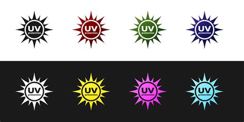 흑백 배경에 고립 된 Uv 보호 아이콘을 설정 합니다 울트라 바이올렛 광선 방사선 Spf 태양 기호입니다 벡터 일러스트 개념에