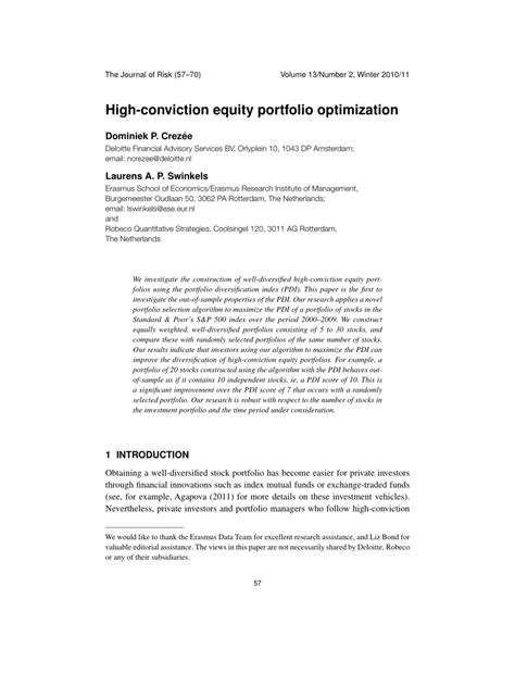 Pdf High Conviction Equity Portfolio Optimization