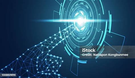 손가락 블루 원에서 지적 추상 핸드 와이어 프레임 디지털 기술 개념에 빛 안녕 기술 미래 시안색 흰색 배경 서식 파일 웹 디자인 또는 프레 젠 테이 션 개념에 대한 스톡