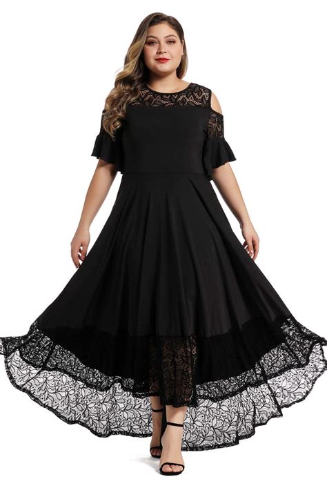 Lalagen Womens Plus Size Lace Cold Shoulder Long Swing Evening Party