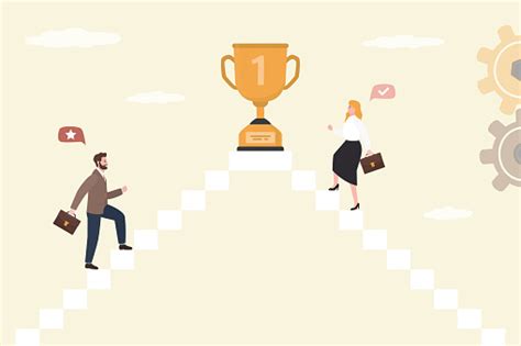 자신감 넘치는 사업가와 사업가가 계단을 걸어 올라가 트로피를 차지하기 위해 경쟁합니다 경력 사다리 비즈니스 경쟁 성공을 향한 직원 동기 부여 개념에 대한 스톡 벡터 아트 및