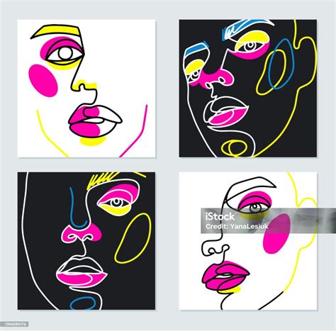 초현실적 인 얼굴 그림 원 라인 아트 포스터 여성 윤곽 실루엣 연속 도면 추상적인 여성 현대 초상화 강렬하고 밝은 색상에 대한 스톡 벡터 아트 및 기타 이미지 Istock