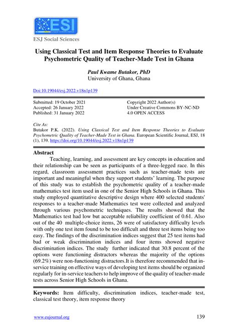 Pdf Using Classical Test And Item Response Theories To Evaluate Psychometric Quality Of