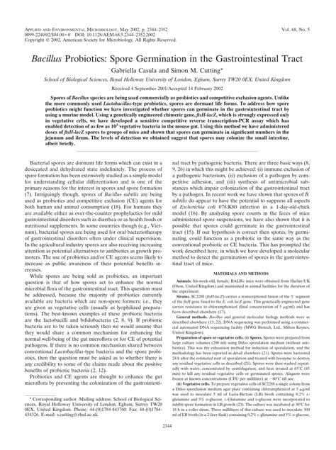 Bacillus Probiotics Spore Germination In The Gastrointestinal Tract