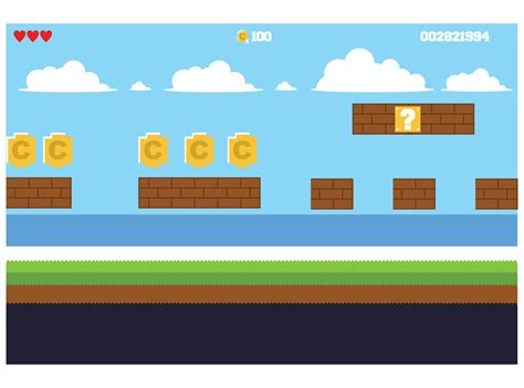 Pixel Art Game Scene With Land Grass Trees Sky Clouds Characters