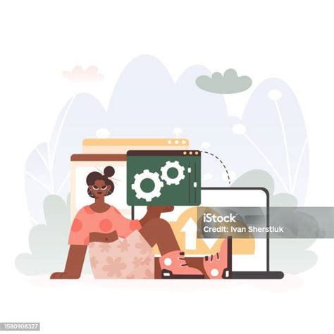 기어와 토크가 있는 브라우저 창을 들고 있는 활기찬 여성의 벡터 차트는 기술 및 정밀 검사 개념을 이상화합니다 개념에 대한 스톡