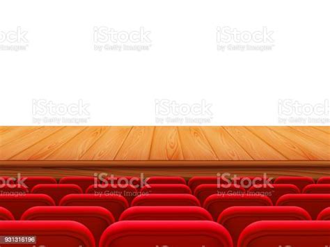 현실적인 극장 목조 단계 또는 바닥 레드 석 다시 보기 행 빈 좌석 시네마 홀 영화관 극장 오페라 이벤트에 표시 됩니다 인테리어 요소입니다 벡터 현실적인 3 차원 일러스트