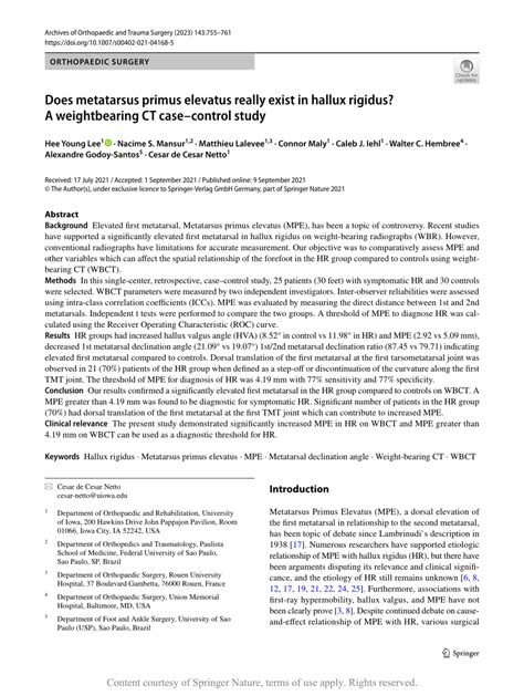 Does Metatarsus Primus Elevatus Really Exist In Hallux Rigidus A Weightbearing Ct Case Control