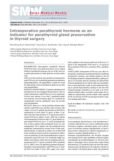 Pdf Intraoperative Parathyroid Hormone As An Indicator For Parathyroid Gland Preservation In