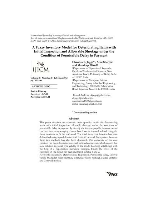 Pdf A Fuzzy Inventory Model For Deteriorating Items With Initial Inspection And Allowable