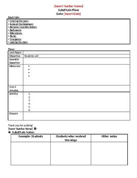 Sub Plans Template By Kre8tions By K8tie Teachers Pay Teachers