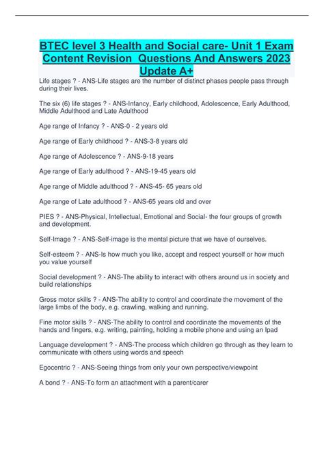 Btec Level 3 Health And Social Care Unit 1 Exam Content Revision Questions And Answers 2023