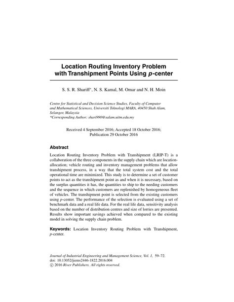 Pdf Location Routing Inventory Problem With Transhipment Points Using P Center