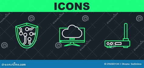 Set Line Router And Wi Fi Signal Cyber Security And Computer Monitor Screen Icon Vector Stock