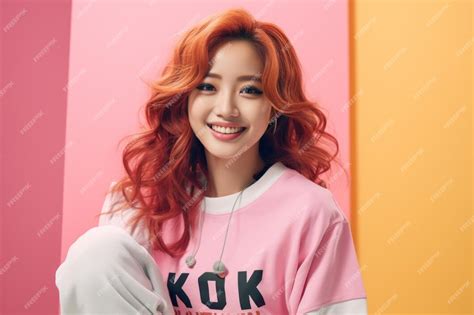 Premium Photo A Woman With Red Hair Wearing A Pink T Shirt