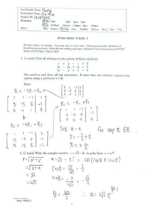 Uasa 1 Uasa1 Practice Paper For Introduction To Linear Dynamical