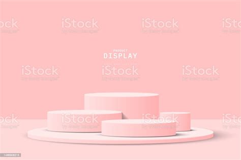 사실적인 분홍색 흰색 실린더 받침대 연단이 있는 추상적인 분홍색 3d 방입니다 제품 디스플레이 프레젠테이션을 위한 최소한의 장면 기하학적 형태 디자인 쇼케이스를 위한 라운드