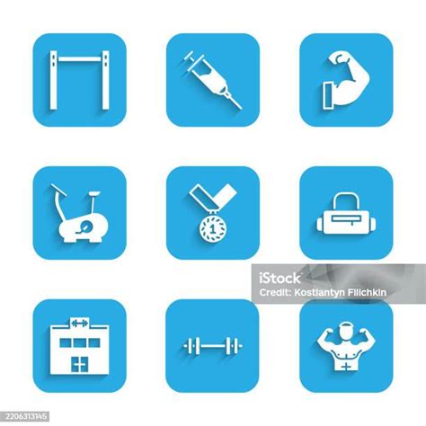 메달 바벨 보디빌딩 근육 스포츠 가방 체육관 건물 고정식 자전거 및 수평 막대 아이콘을 설정합니다 벡터 3위에 대한 스톡 벡터