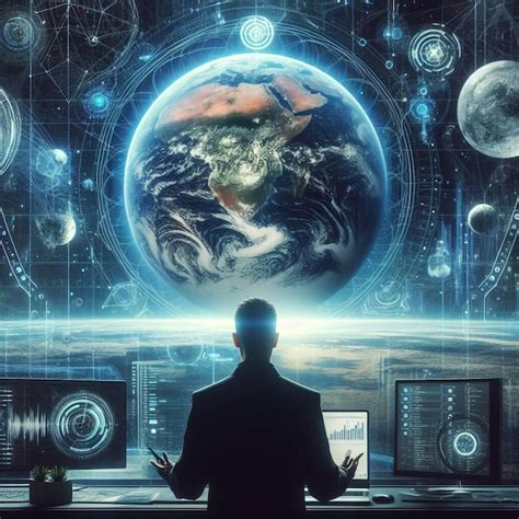 Premium Vector Vector A Man Standing In Front Of A Digital World Computer Graphics