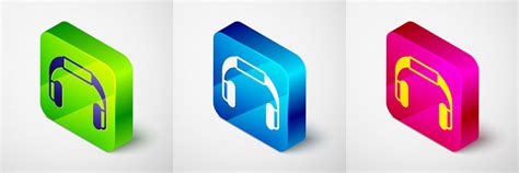 회색 배경에서 격리된 Isometric 헤드폰 아이콘입니다 이어폰 음악 서비스 커뮤니케이션 및 운영자를 청취하기위한 개념 정사각형 버튼입니다 벡터 3차원 형태에 대한 스톡