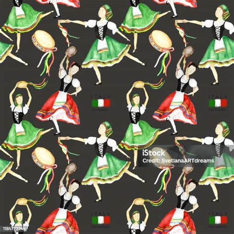 회색 배경에 탬버린과 빨간색과 녹색 국가 의상 이탈리아 타란텔라에서 원활한 패턴 댄서 민속 의상 이탈리아에서 여성 댄서 수채화 원단 감촉 공주에 대한 스톡 벡터 아트 및