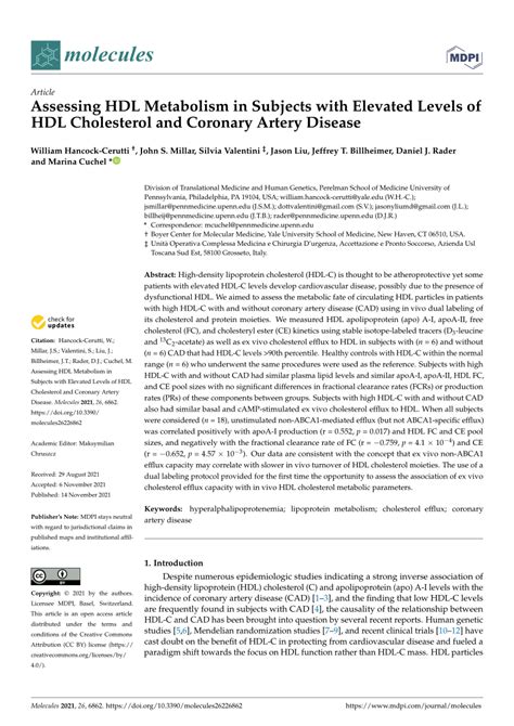 PDF Assessing HDL Metabolism In Subjects With Elevated Levels Of HDL Cholesterol And Coronary