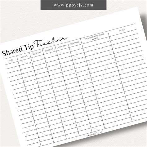 Shared Server Tip Tracker Restaurant Tip Distribution Sheet Cafe Bar Employee Credit Tip