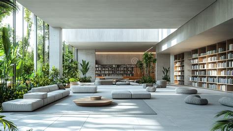 Serene Modern Library With Lush Greenery And Minimalist Design Stock