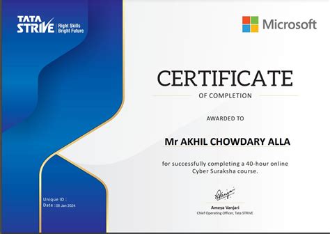 Completed Cyber Suraksha Course By Tata Strive And Microsoft Alla Akhil Chowdary Posted On The
