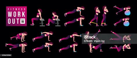 여성 운동 세트 04 여성은 벡터 세트를 운동합니다 피트니스와 요가 운동을하는 여성 런지 푸쉬업 스쿼트 아령행 버피 사이드 판자 둔부 다리 다리 인상 러시아어 트위스트 Et