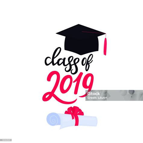 술을 가진 학문의 각 대학 졸업식 모자 2019의 클래스 손으로 그린 레터링 스크롤 리본 및 대학원 모자와 묶여 축제 행사를 위한 축 하 깃발 2019년에 대한 스톡 벡터