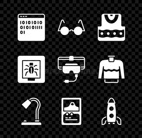 set binary code eyeglasses waistcoat table lamp card game rocket
