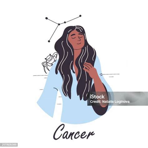 암 조디악 표지판입니다 행복 한 여자 소녀 점성술 여성 캐릭터 별 별자리 아바타 추세 점성술 별자리 기호 평면 그래픽 벡터 그림 손으로 그린 평면 점성술에 대한 스톡 벡터