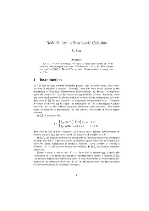 Reducibility In Stochastic Calculus Sun Abstract Let ̄n ̄ι Y Be