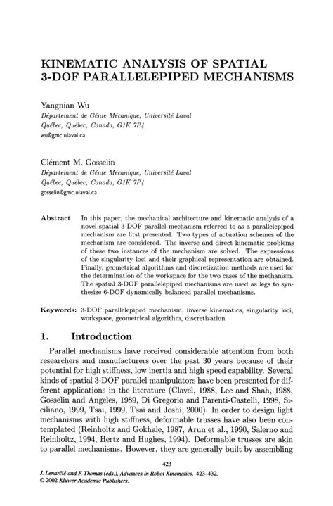 PDF Kinematic Analysis Of Spatial DOF Parallelepiped Mechanisms