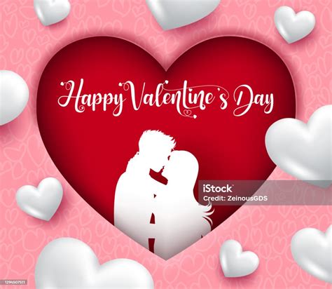 발렌타인 의 커플 벡터 배경 개념 발렌타인 데이트 디자인에 대한 하트 요소와 키스 하는 연인 종이 종이 와 해피 발렌타인 데이 텍스트 3차원 형태에 대한 스톡 벡터 아트 및