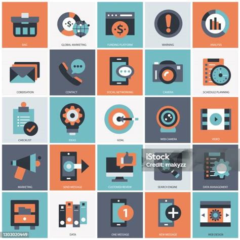 웹 사이트 및 모바일 응용 프로그램을 위한 비즈니스 기술 및 관리 아이콘 설정 플랫 벡터 일러스트레이션 가방에 대한 스톡 벡터