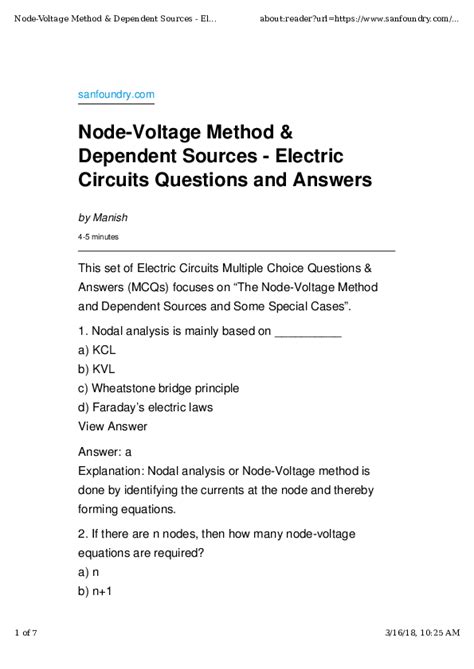 Pdf Node Voltage Method And Dependent Sources Electric Circuits Questions And Answers This Set
