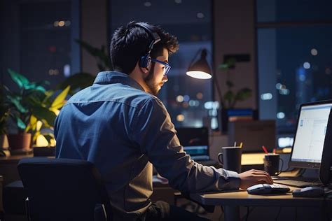 Premium Ai Image Photo Rear View Of Programmer Working All Night Long