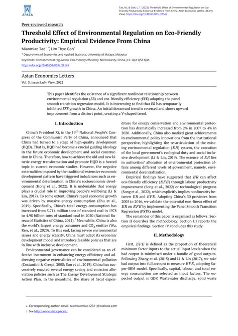 Pdf Threshold Effect Of Environmental Regulation On Eco Friendly