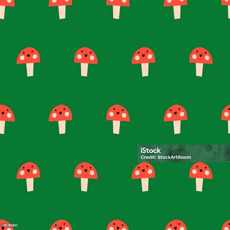 귀여운 두꺼비 도구 원활한 벡터 키즈 패턴 반복 녹색에 미소 얼굴과 배경 버섯 곰팡이반복 직물 포장 어린이 착용 어린이 장식 아기 보육을위한 표면 디자인 행운의 마스코트에