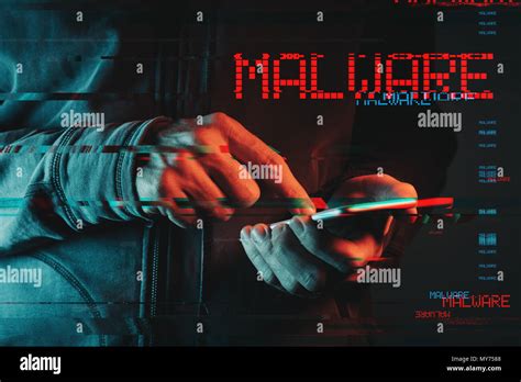 Malware Concept With Male Person Using Smartphone Low Key Red And Blue Lit Image And Digital