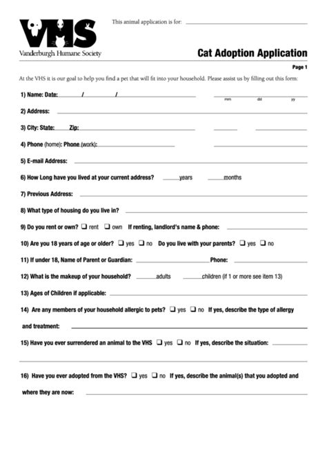 Printable Cat Adoption Form Template Printable Forms Free Online