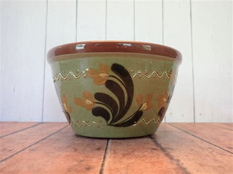 Eldreth Pottery Redware Small Bowl Green With Black And Yellow Flowers