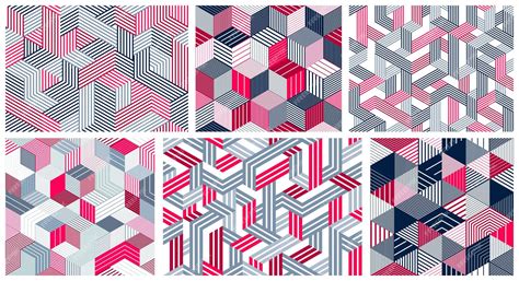 Premium Vector Geometric 3d Seamless Patterns With Lined Cubes Stripy Boxes Blocks Vector