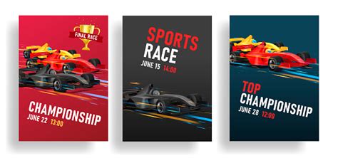 스포츠카 일러스트레이션이 있는 레이싱 토너먼트 전단지 우승자를 위한 골든 컵을 사용한 스피드 볼리드 이벤트 템플릿 세트 스포츠 레이스에 대한 스톡 벡터 아트 및 기타 이미지
