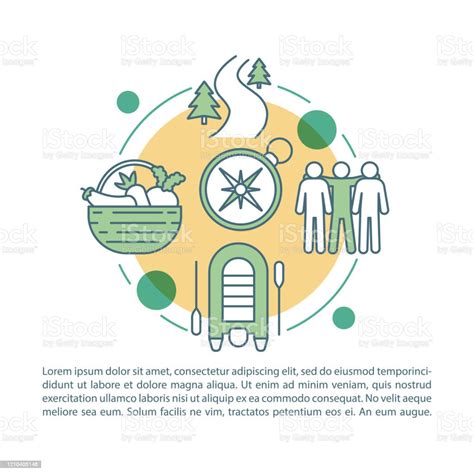 자연 여름 캠프 휴일 기사 페이지 벡터 템플릿입니다 브로셔 잡지 선형 아이콘과 텍스트 상자소책자 디자인 요소 인쇄 디자인 텍스트 공간이 있는 개념 그림 기사 출판에 대한