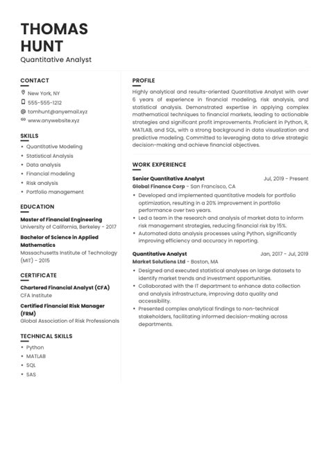 Quantitative Analyst Sample Resume Market Researcher Resume Writing