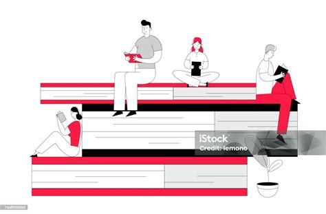 도서관에서 읽는 여성과 남성은 거대한 책 더미에 앉아 있습니다 젊은 이들이 아테나에움에서 시간을 보내고 문학 저장 만화 평면 벡터 일러스트에서 시험 문자를 준비 과학에 대한