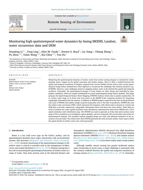 Pdf Monitoring High Spatiotemporal Water Dynamics By Fusing Modis Landsat Water Occurrence